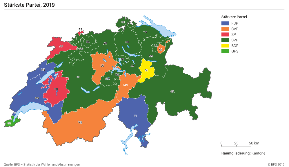 Stärkste Partei (Kantone) | Karte | Bundesamt für Statistik