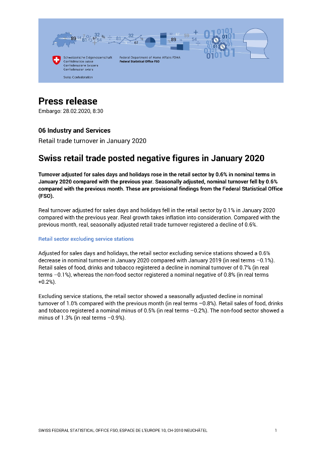Swiss retail trade posted negative figures in January 2020 - Retail ...