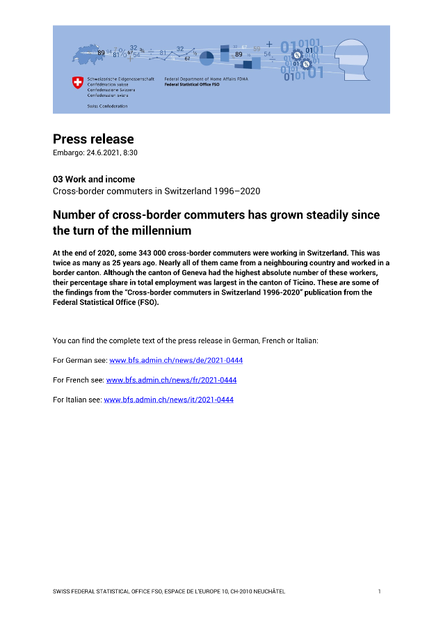 Number of cross-border commuters has grown steadily since the turn of ...