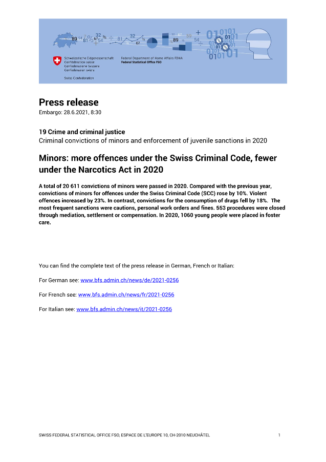 Minors: more offences under the Swiss Criminal Code, fewer under the ...