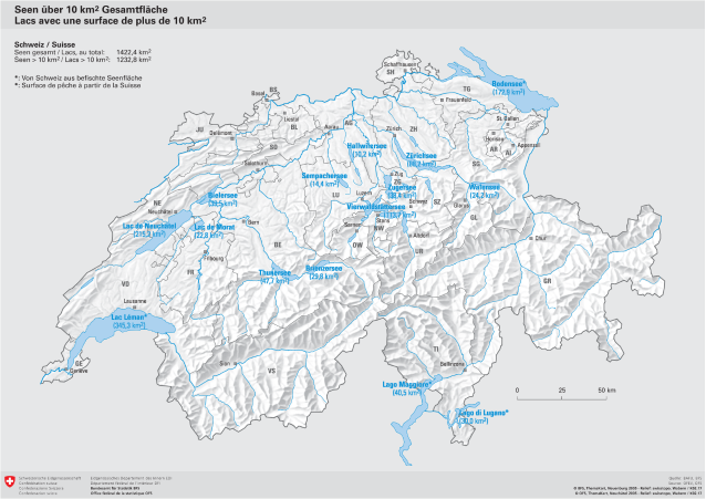 Lacs avec une surface de plus de 10 km2 (Suisse) | Carte | Office ...