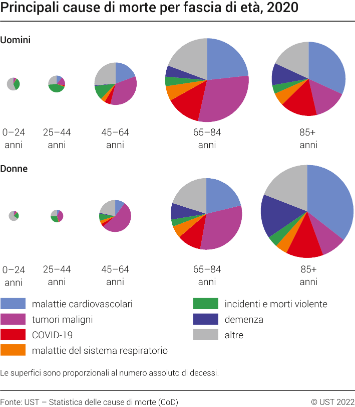 Principali cause di morte per fascia di età, nel 2020 - 2020 | Diagramm | Bundesamt für Statistik
