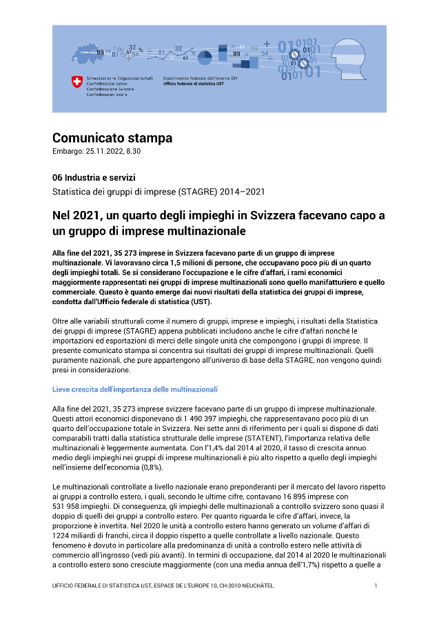 Nel 2021, un quarto degli impieghi in Svizzera facevano capo a un ...