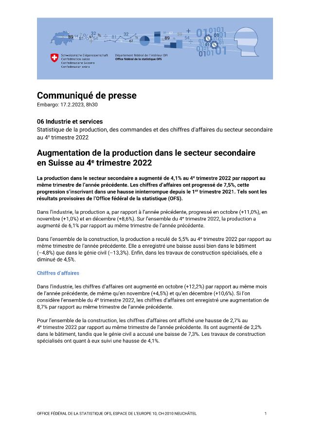 Augmentation de la production dans le secteur secondaire en Suisse au ...