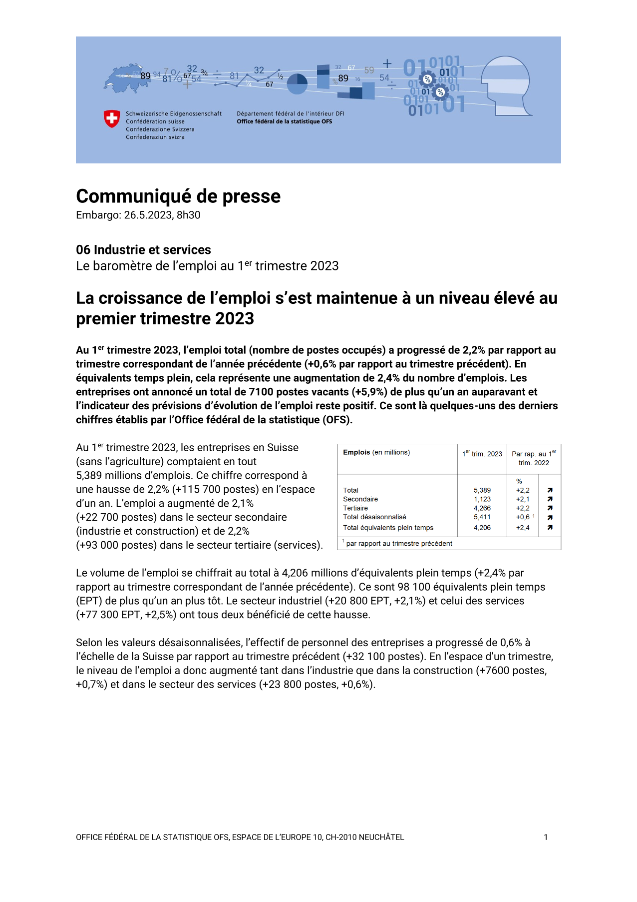 La croissance de l'emploi s'est maintenue à un niveau élevé au premier ...