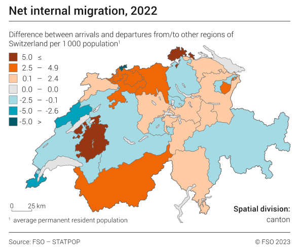 Net internal migration (Cantons) | Map | Federal Statistical Office