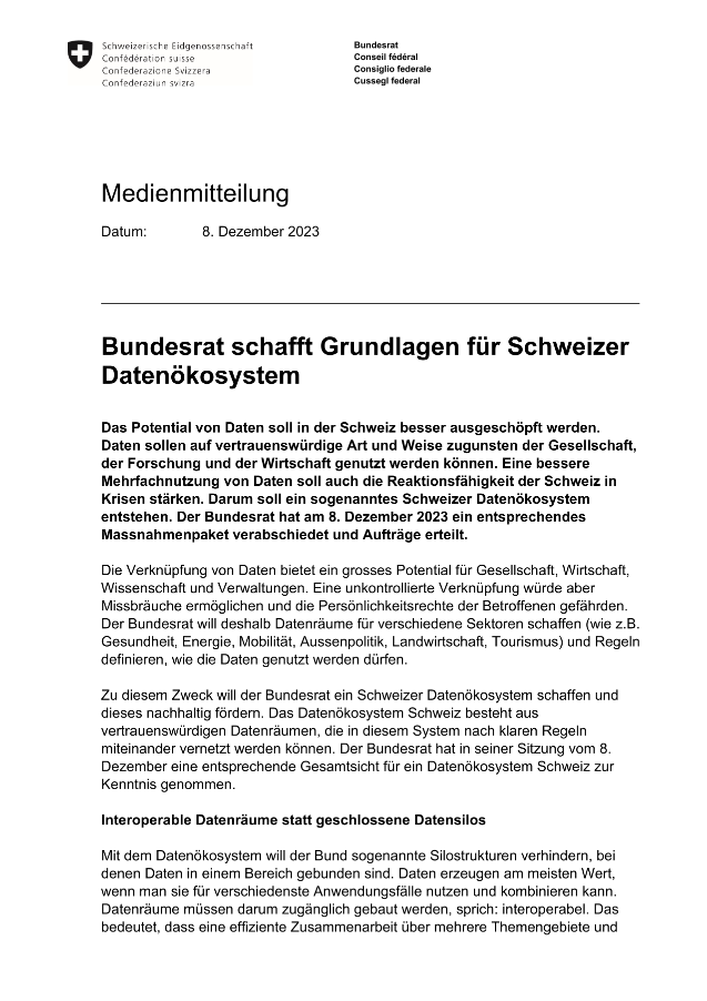 Bundesrat schafft Grundlagen für Schweizer Datenökosystem | Bundesamt ...